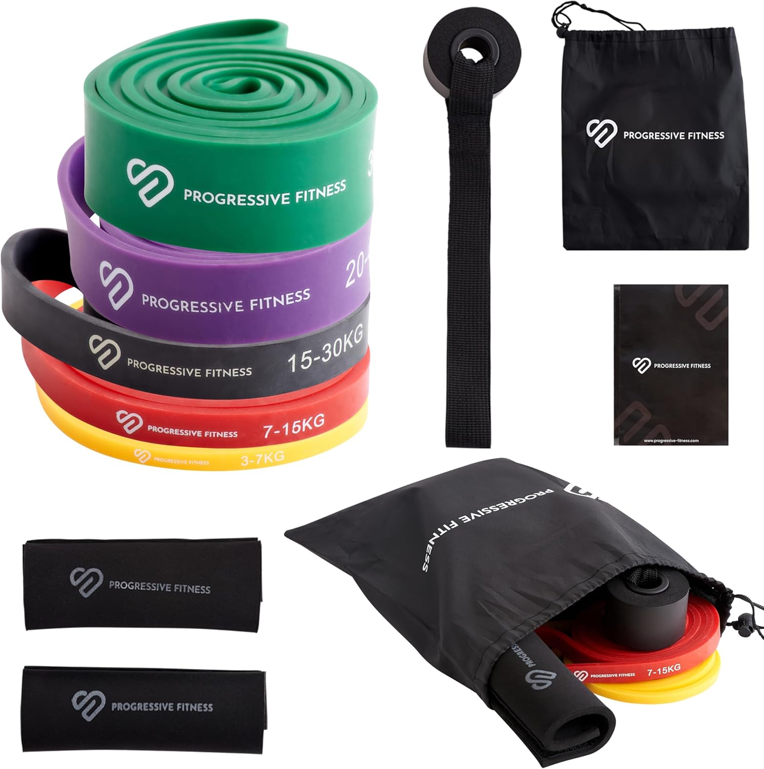 PROGRESSIVE FITNESS Pull Up Resistance Bands Set of 5 (3kg - 60kg ...