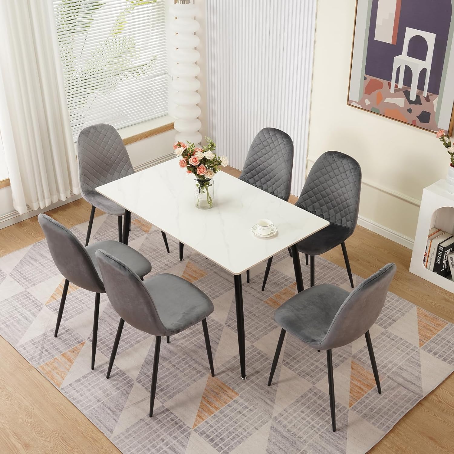 Homcasa Marble Dining Table and Chairs Set 6, Modern Slate Rectangular ...