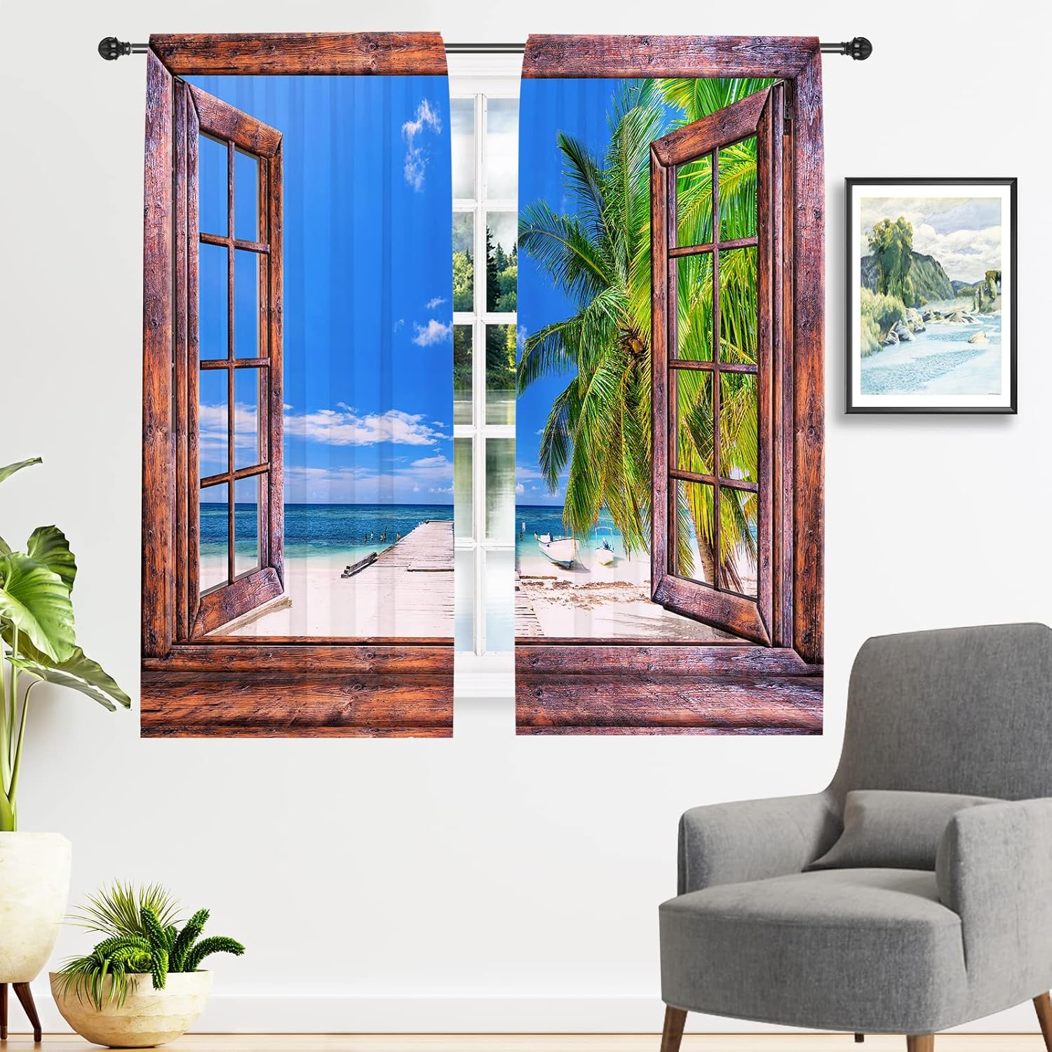 Amazon.com: YUANZU Beach Curtains - Open Windows with Tropical Ocean ...