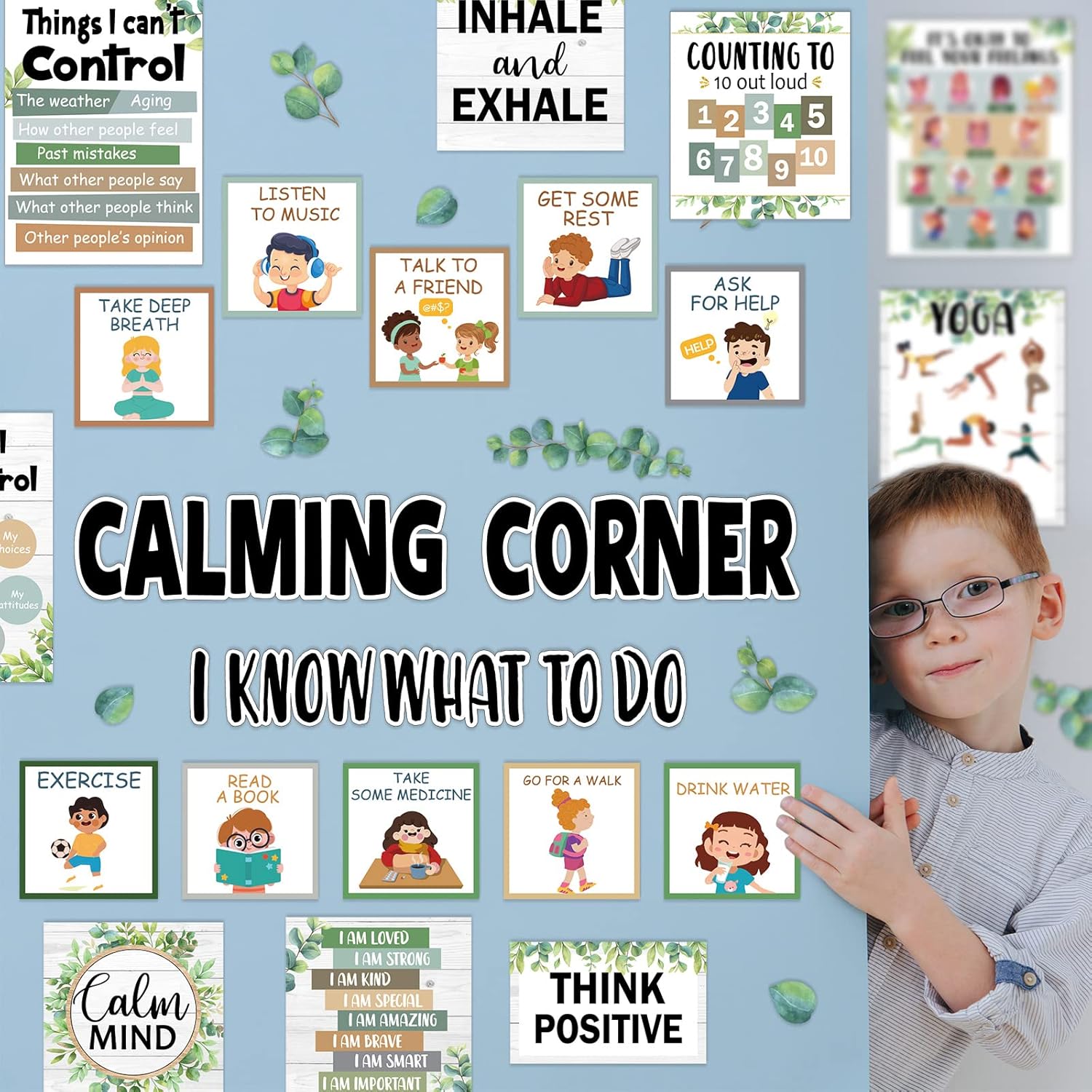 ZOIIWA Eucalyptus Calming Corner Classroom Bulletin Board Set Preschool ...