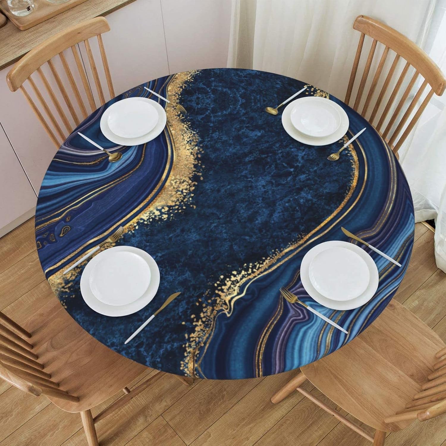 Fiokroo Blue Marble Tablecloth with Elastic Edge, Round Table Cloth ...