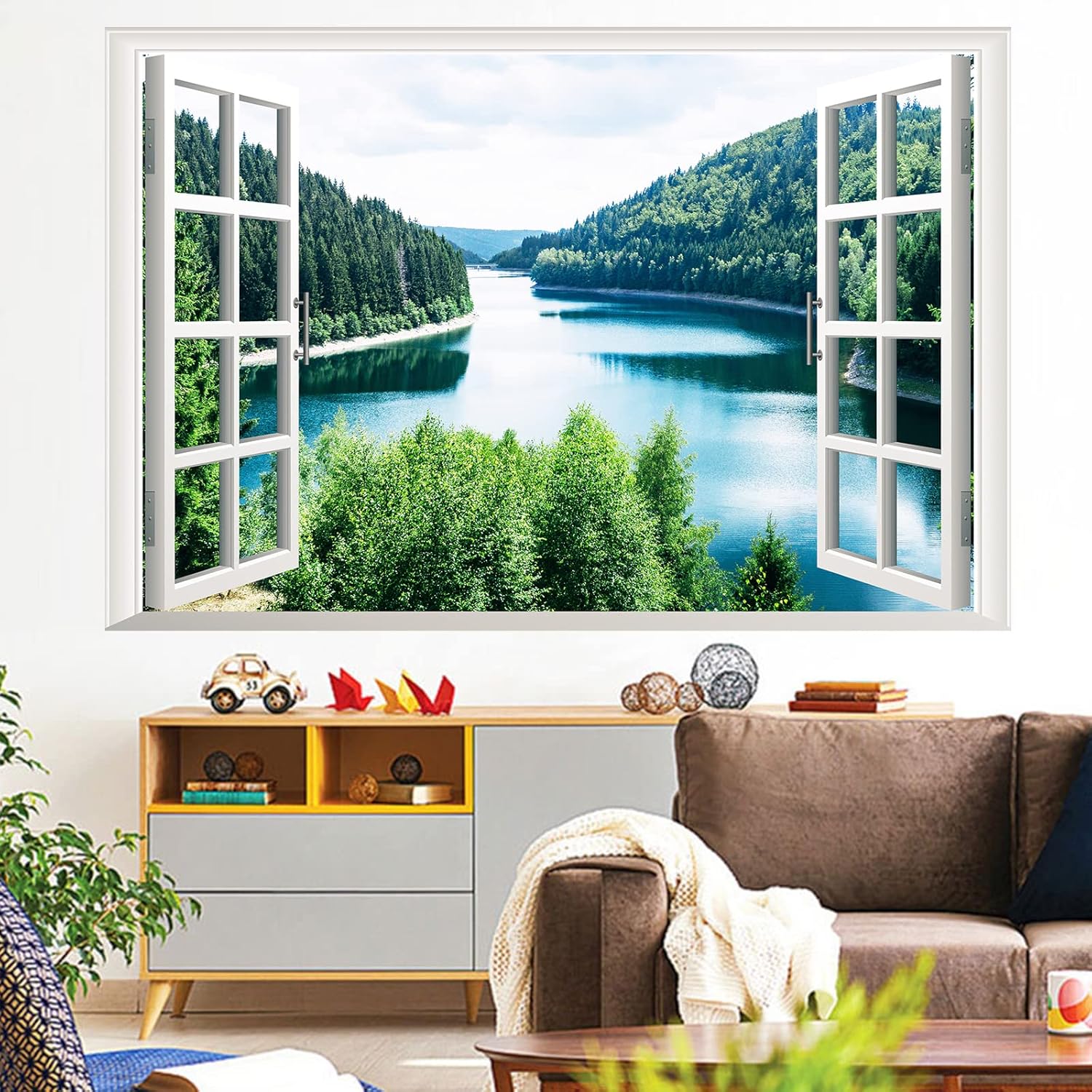 Amazon.com: Nature Mountain Forest Lake Wall Stickers, 3D Lake View ...