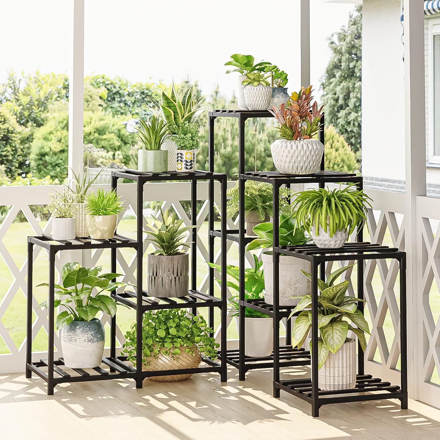 Bamworld Outdoor Plant Stand Indoor Black Corner Shelf 5-Tier 11 Potted ...