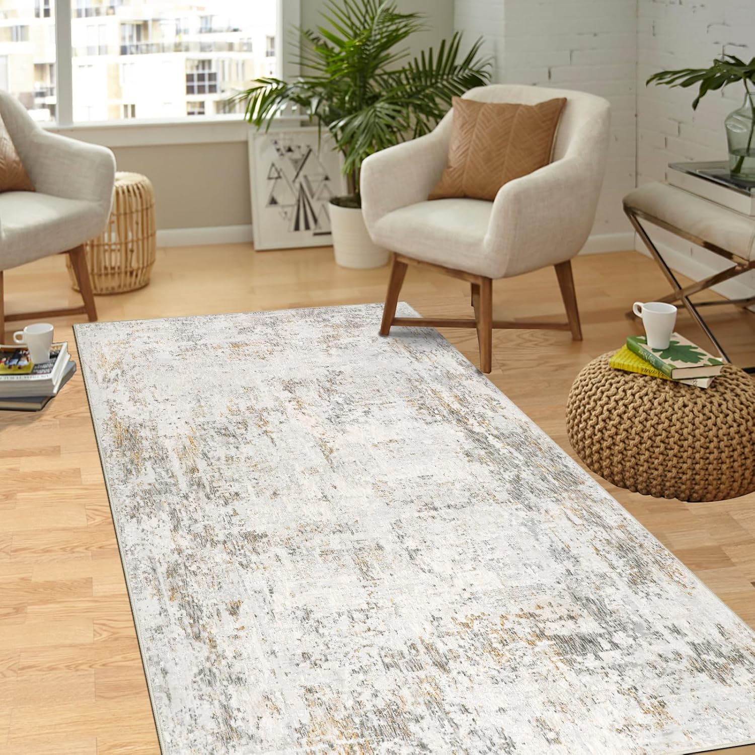 Capslpad Beige Abstract Rug Living Room 80 x 150 cm Non-Slip Short Pile ...