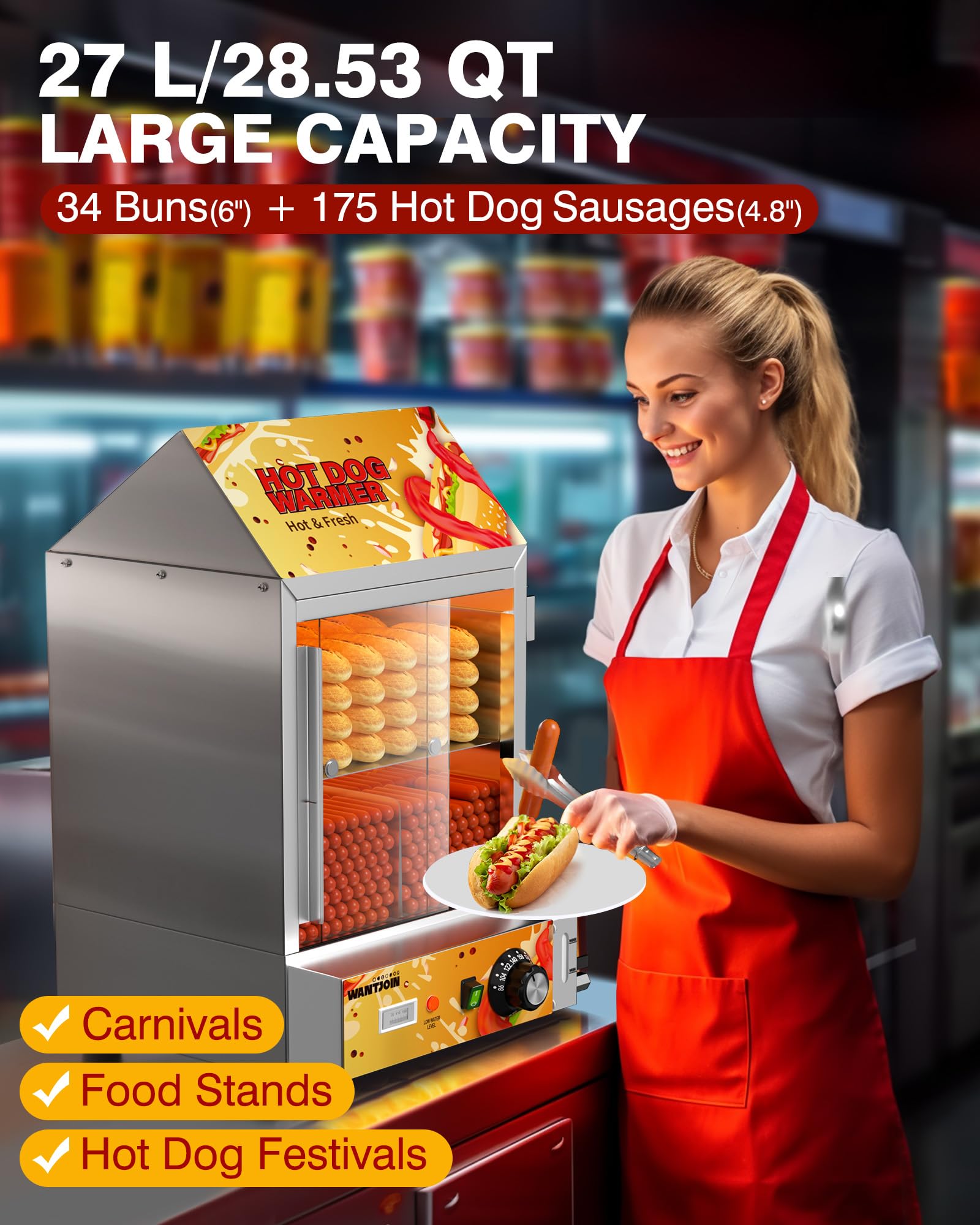 WantJoin Hot Dog Steamer, Adjustable Temperature 2-Tier Electric Hot ...