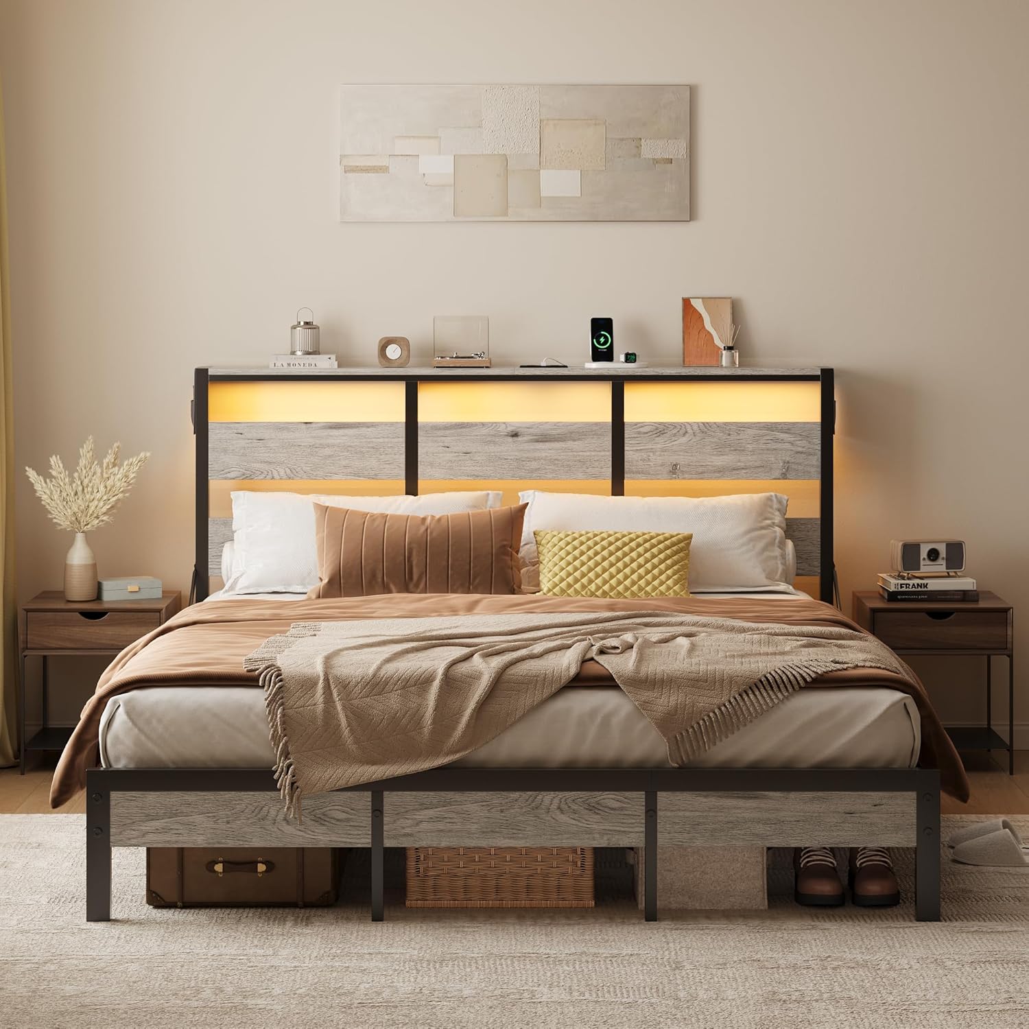 Amazon.com: Bestier Full Bed Frame with Headboard Storage and Charging ...