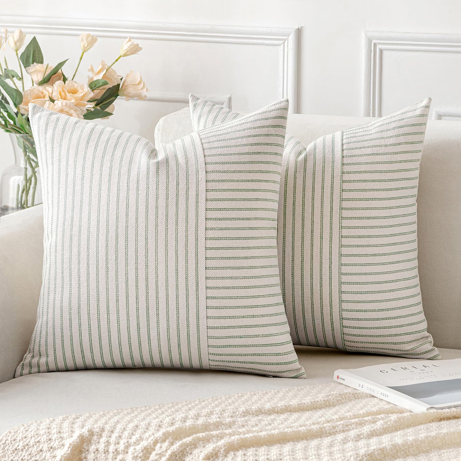 Amazon.com: MIULEE Sage Green and Beige Patchwork Farmhouse Pillow ...