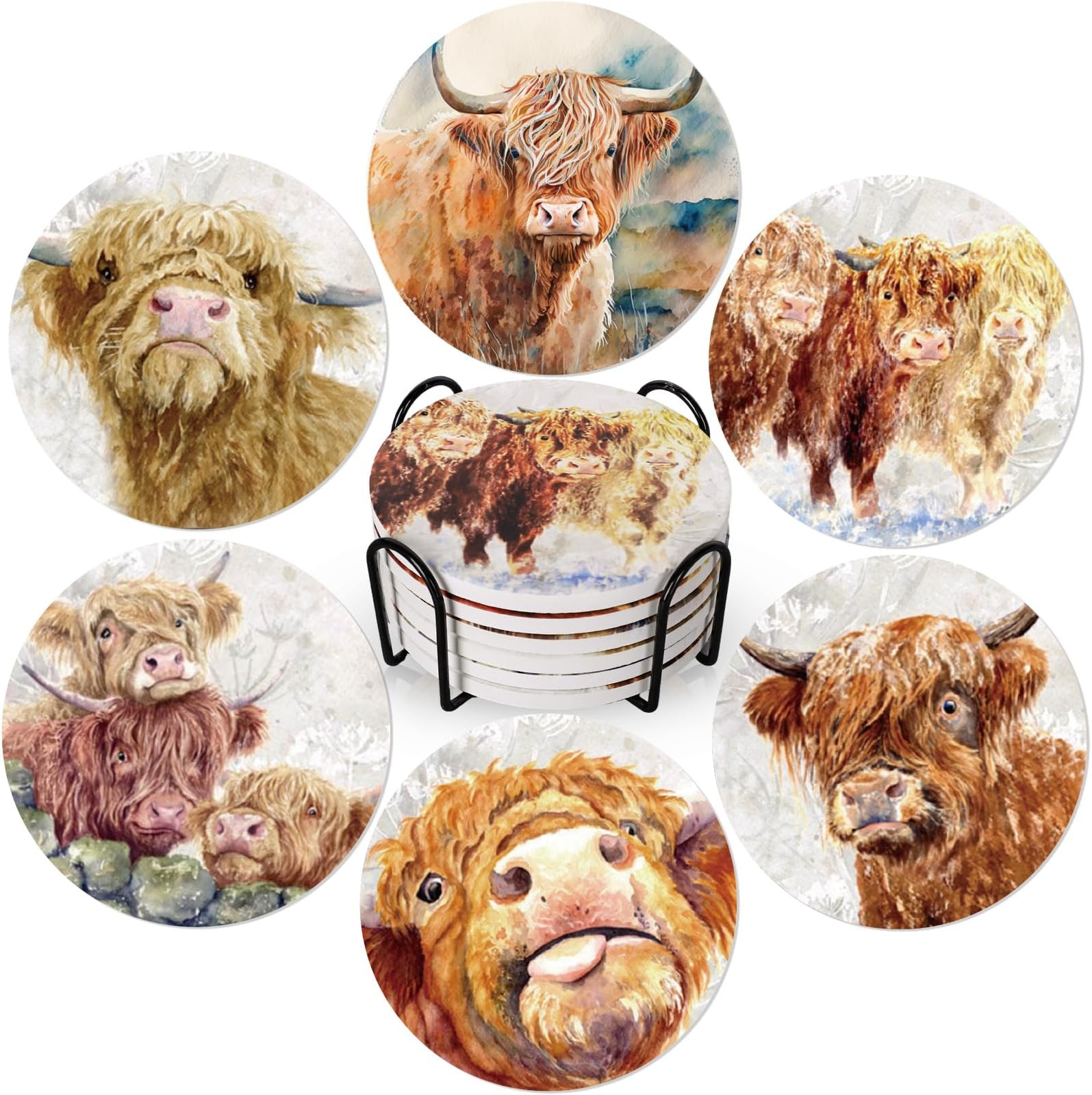 Amazon.com: SDMKA Highland Cow Grey 6 Pcs Cotton Woven Coasters with ...