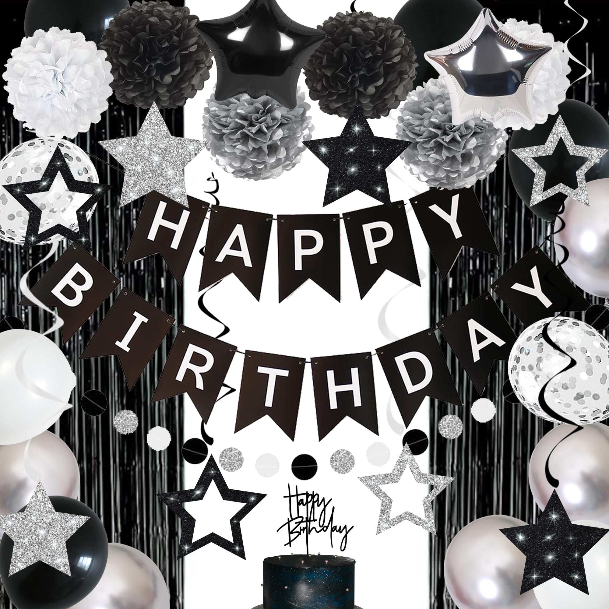 Amazon.com: Black Birthday Decorations - Glitter Black Silver and White ...