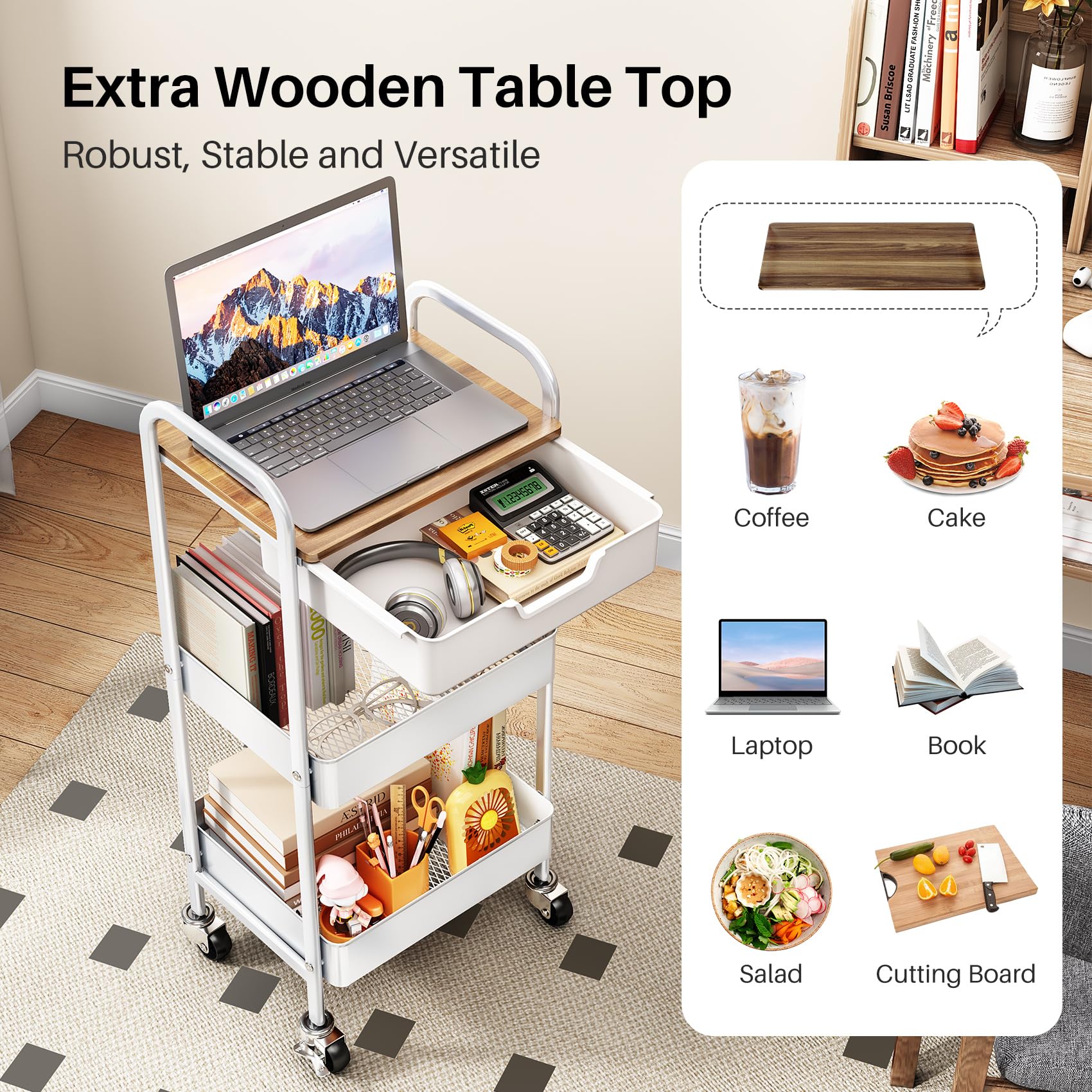 Snapklik.com : 3 Tier Rolling Utility Cart - Metal White Cart