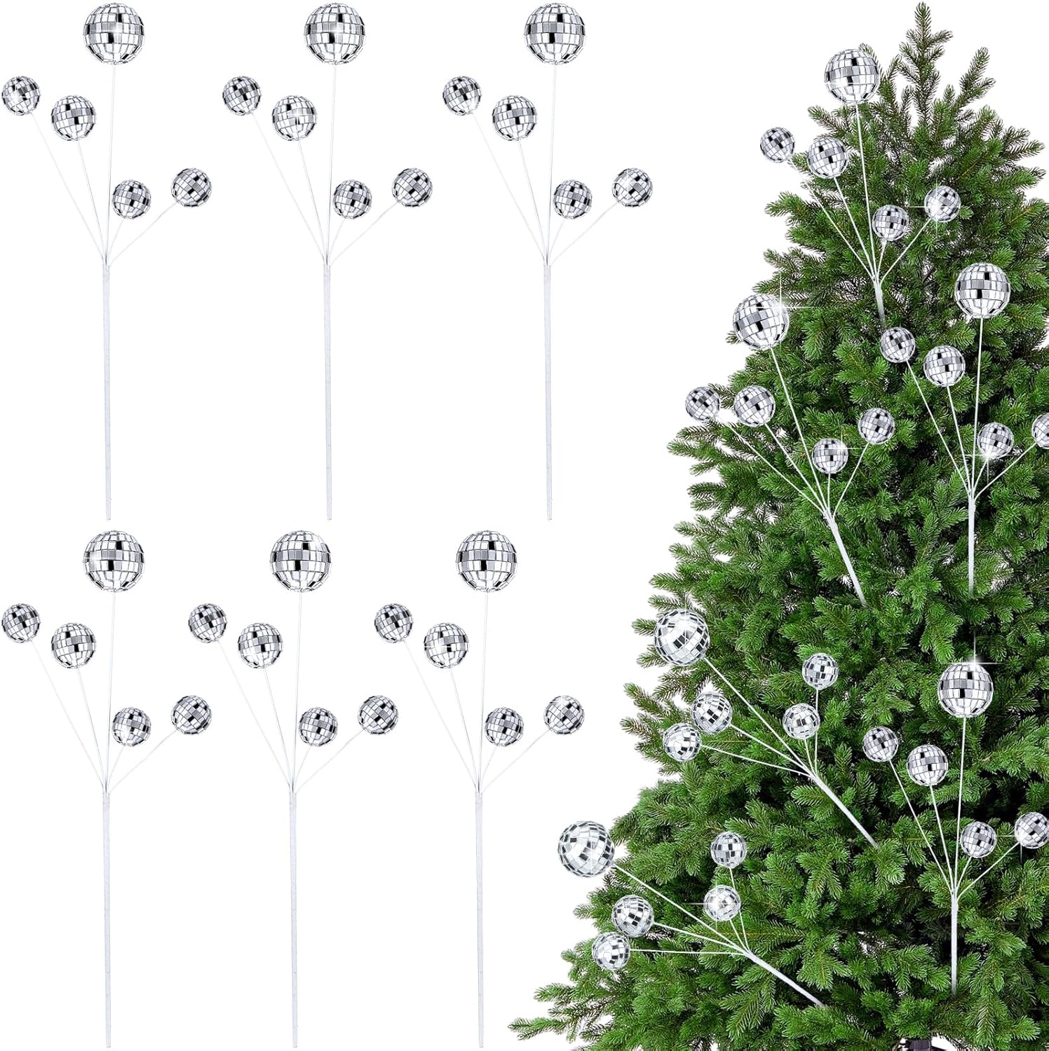 Amazon.com: Sosation 6 Pcs Silver Disco Ball Tree Pick Christmas Small ...