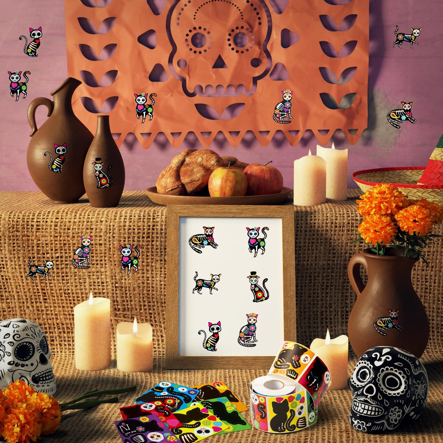 Snapklik.com : Haooryx Sugar Skull Sticker Rolls - 300Pcs Day Of The ...