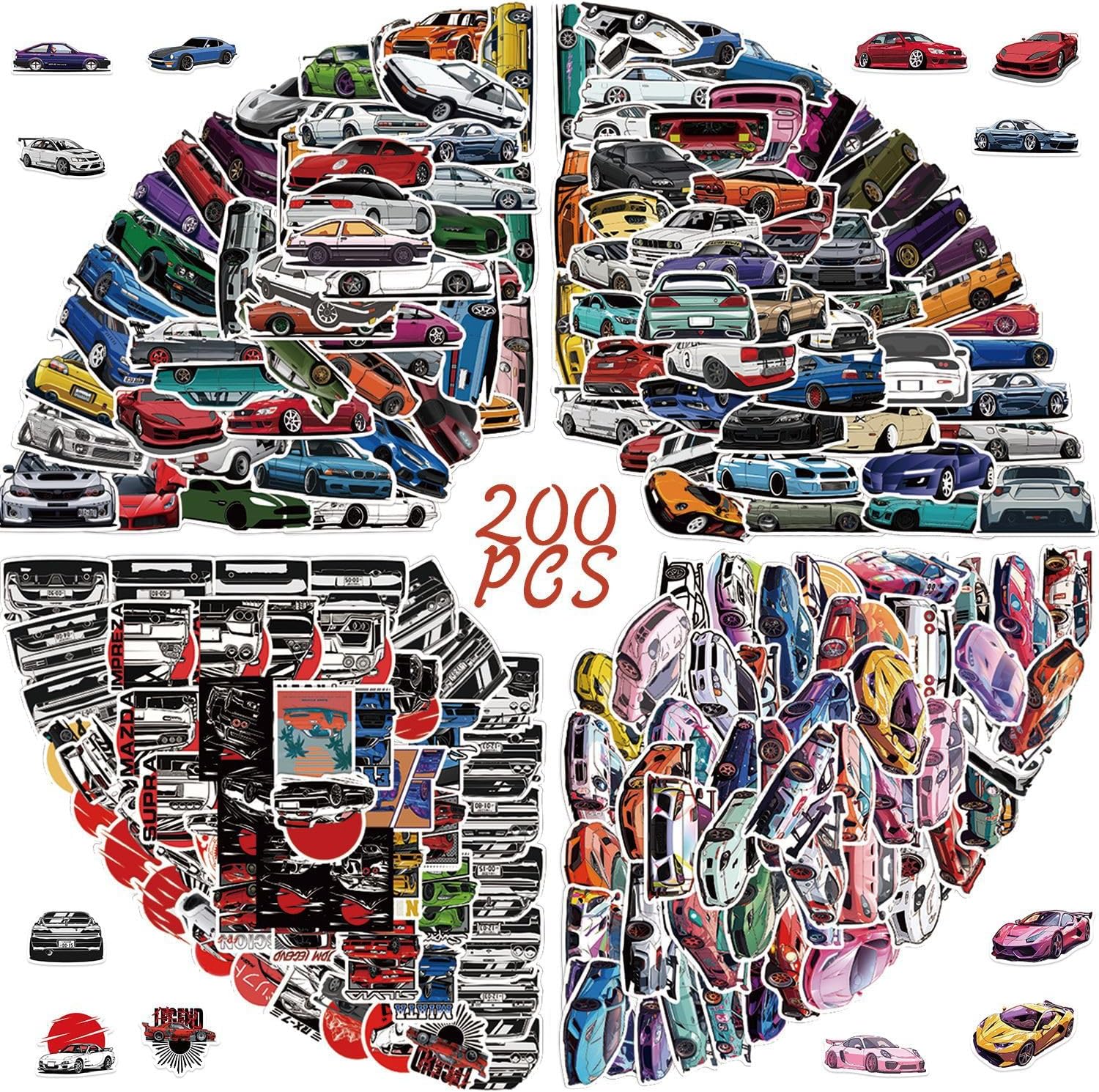 200 Pcs Car Theme Stickers, Cool Racing Car Vinyl Decals for Water ...