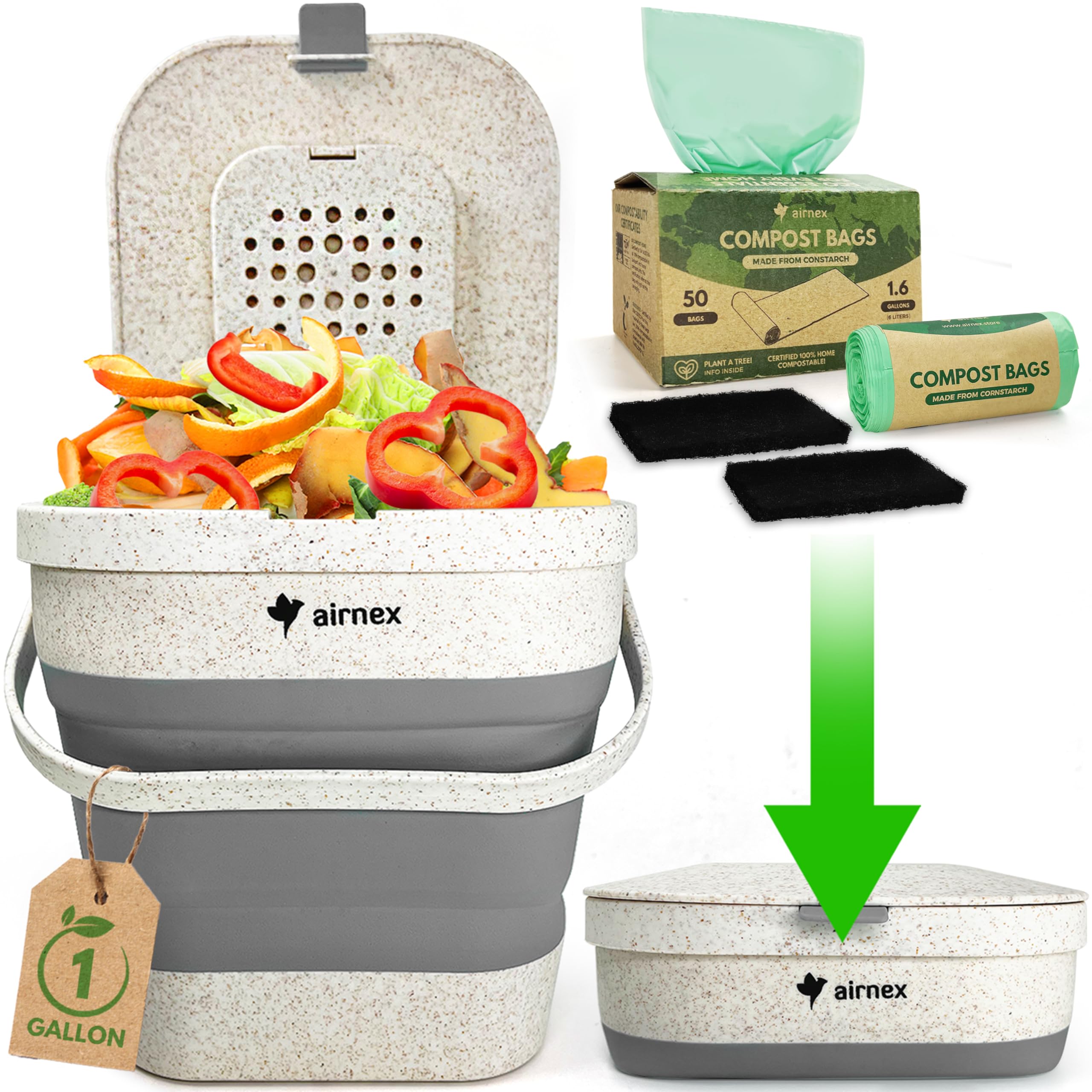 Amazon.com : AIRNEX Collapsible Food Waste Bin with Lid - 1 Gallon Food ...