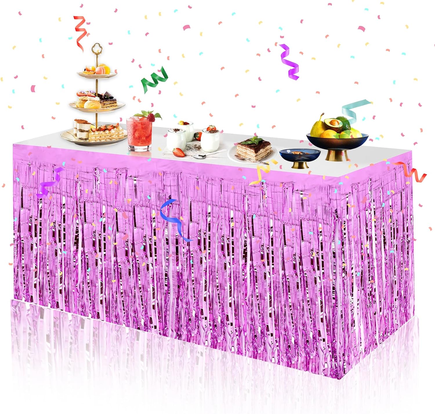 KALIONE 2 Sets Pink Tinsel Table Skirts Metallic Foil Fringe Table ...