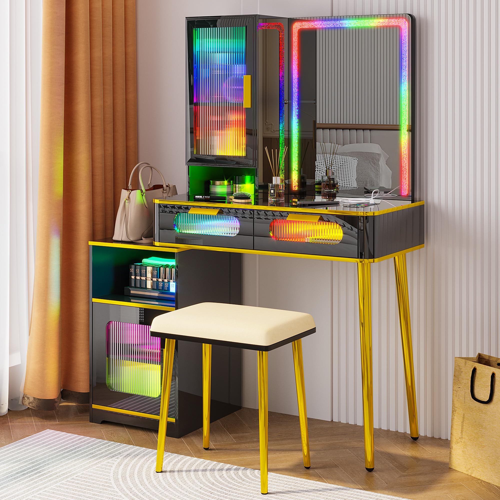 Amazon.com: RGB Vanity Desk, Makeup Vanity with Dazzling Lights and ...