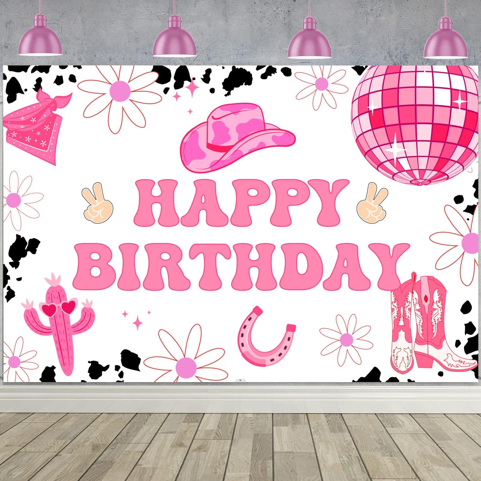 Amazon.com : Avezano Disco Cowgirl Happy Birthday Backdrop Hot Pink Cow ...