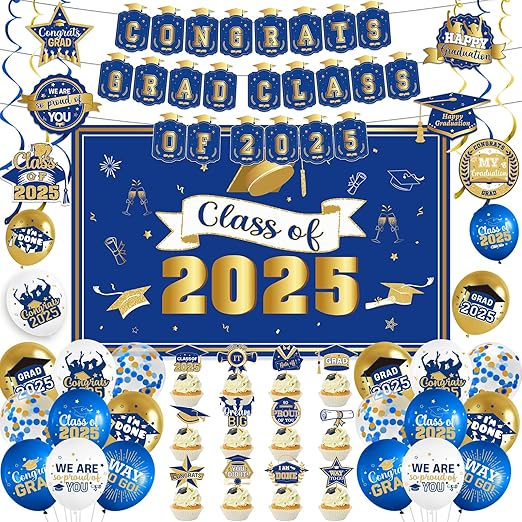 Amazon.com: Blue and Gold Graduation Decorations 2025 Grad Party ...