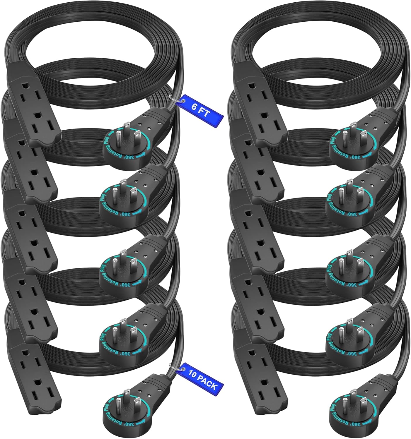 Maximm Cable 6 Ft 360° Rotating Flat Plug Extension Cord/Wire, 16 AWG ...