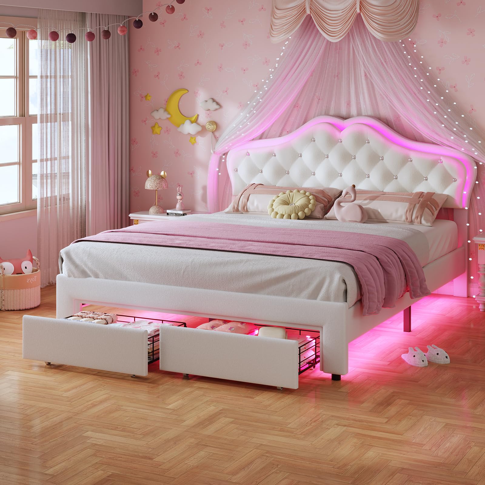 Amazon.com: BTHFST Full Size Girl Bed with 2 Storage Drawers & LED ...