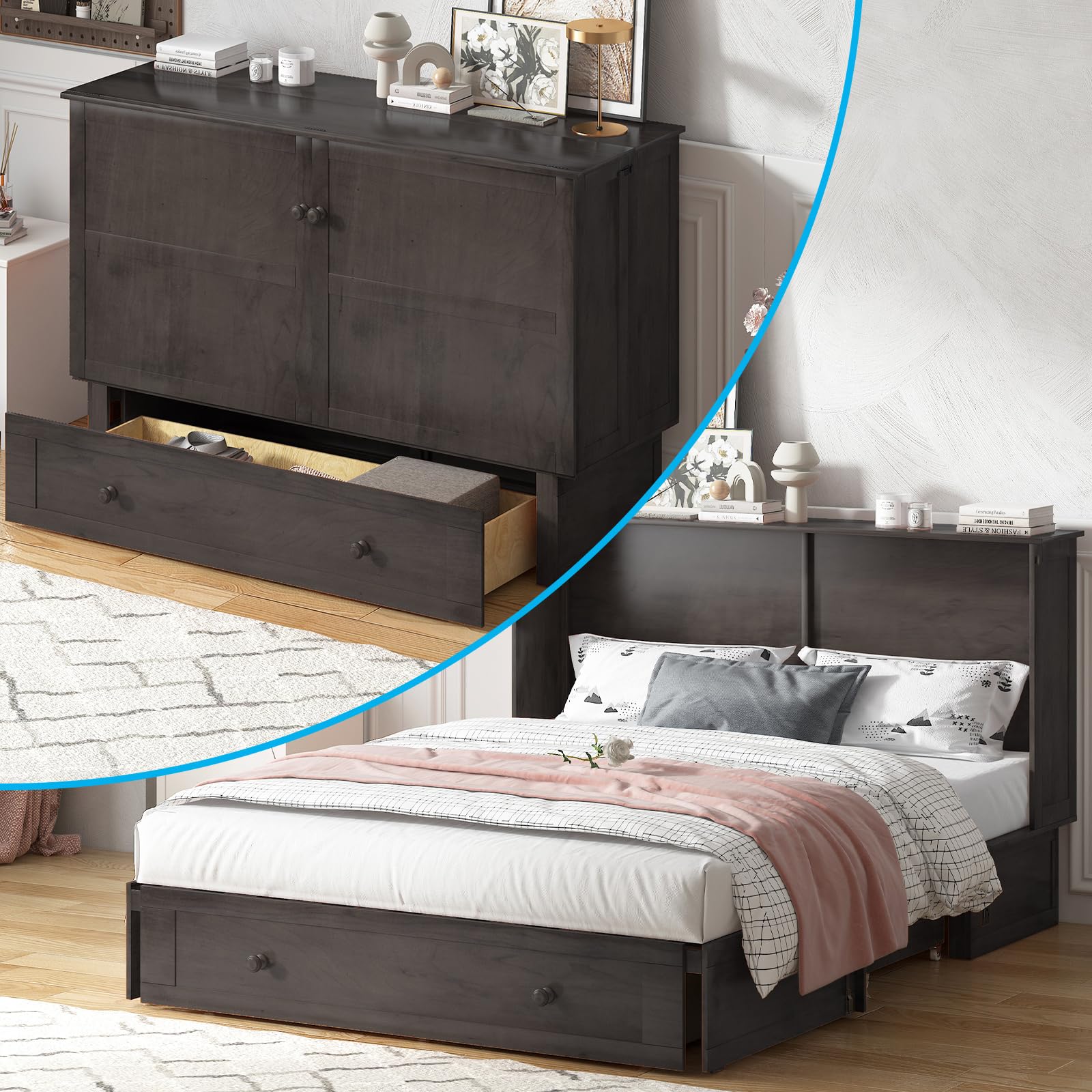 Amazon.com: Mjkone Murphy Bed, Queen Cabinet Bed with Trifold Foam ...