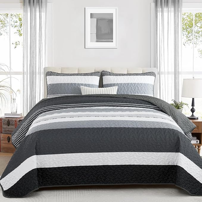 Amazon.com: Dinjoy Black and White Striped King Size Quilt Set,Boho ...