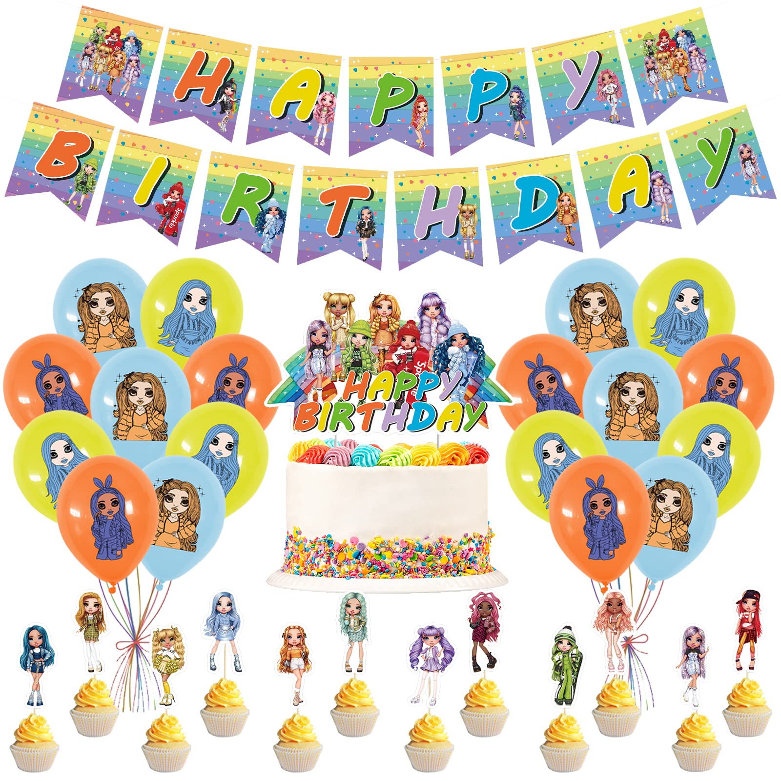 Buy Rainbow High Dolls Birthday Party Supplies Includes Birthday Banner ...