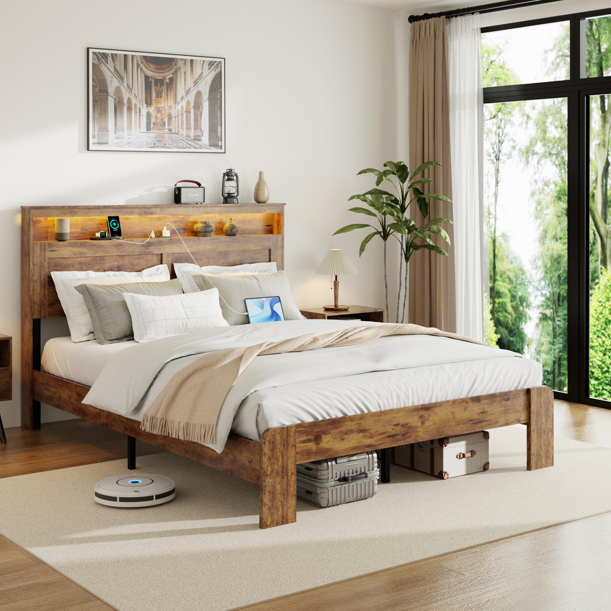 Amazon.com: PAUKIN Queen Size Wooden Bed Frame with Headboard, Rustic ...