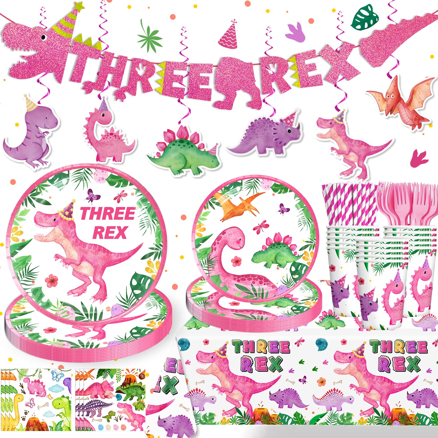 Amazon.com: Yingoto Three Rex Birthday Decorations Girl with Trex ...