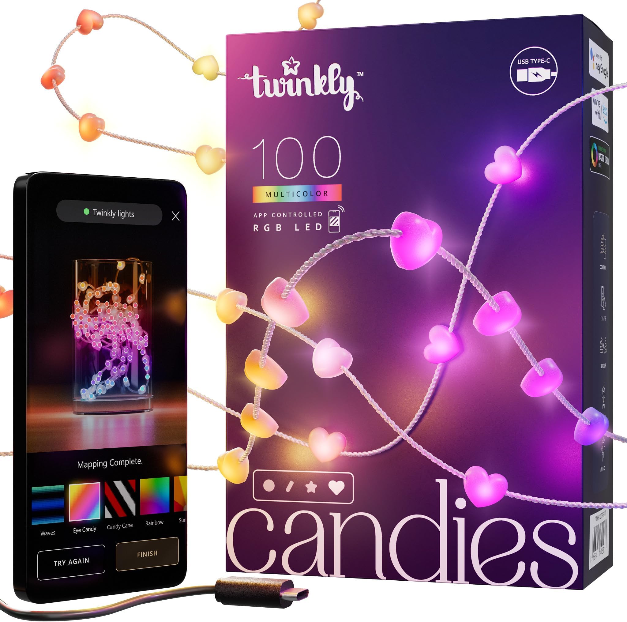 Amazon.com: Twinkly Candies App-Controlled Heart-Shaped USB-C LED Light ...