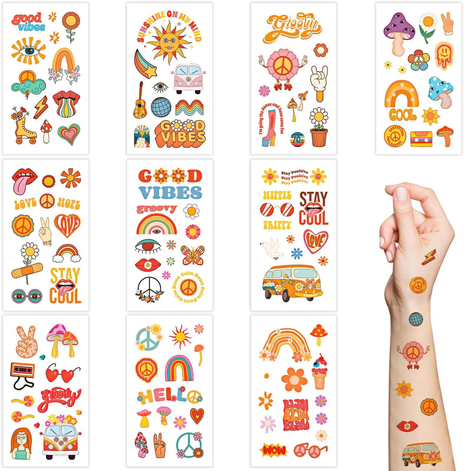 Amazon.com : Hippie Temporary Tattoos,10 Sheets Peace and Love Daisy ...