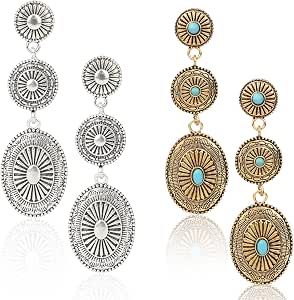 Amazon.com: 2 Pairs Western Country Earrings for Women, Vintage Concho ...