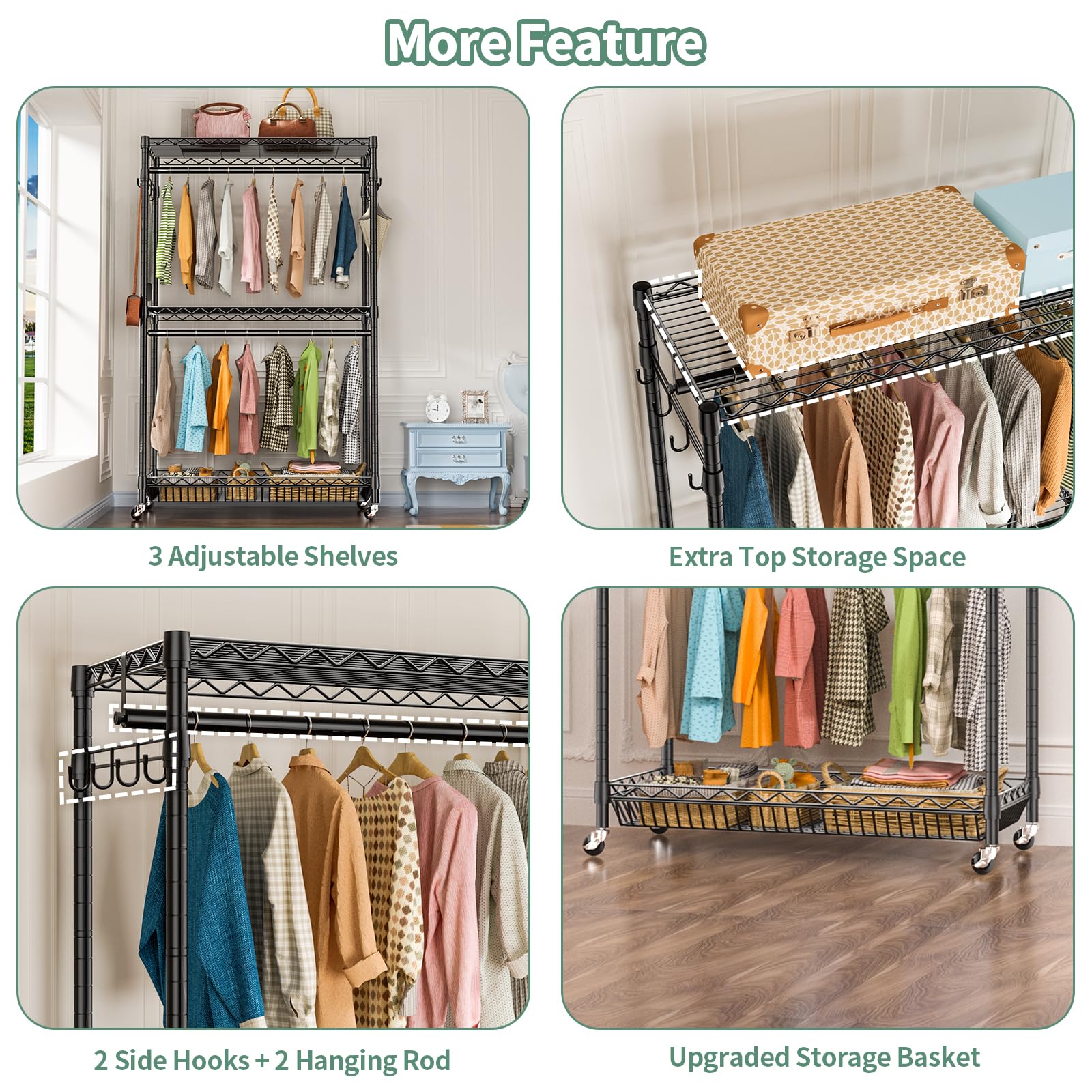 SEMHOR S3-M Portable Closets Rolling Clothes Rack 3 Tier Heavy Duty ...