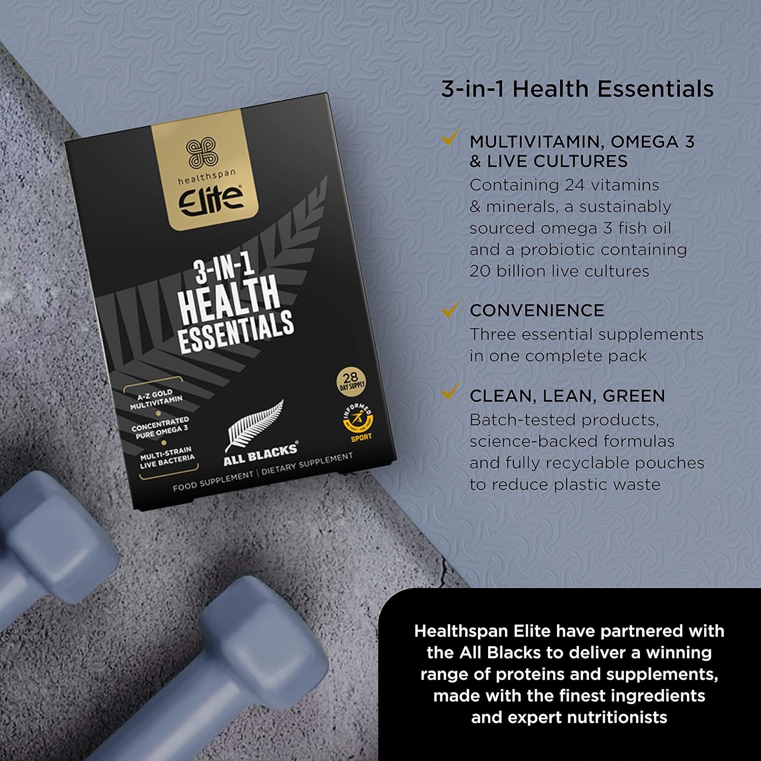 Healthspan Elite All Blacks 3-in-1 Health Essentials (28 Day Supply ...