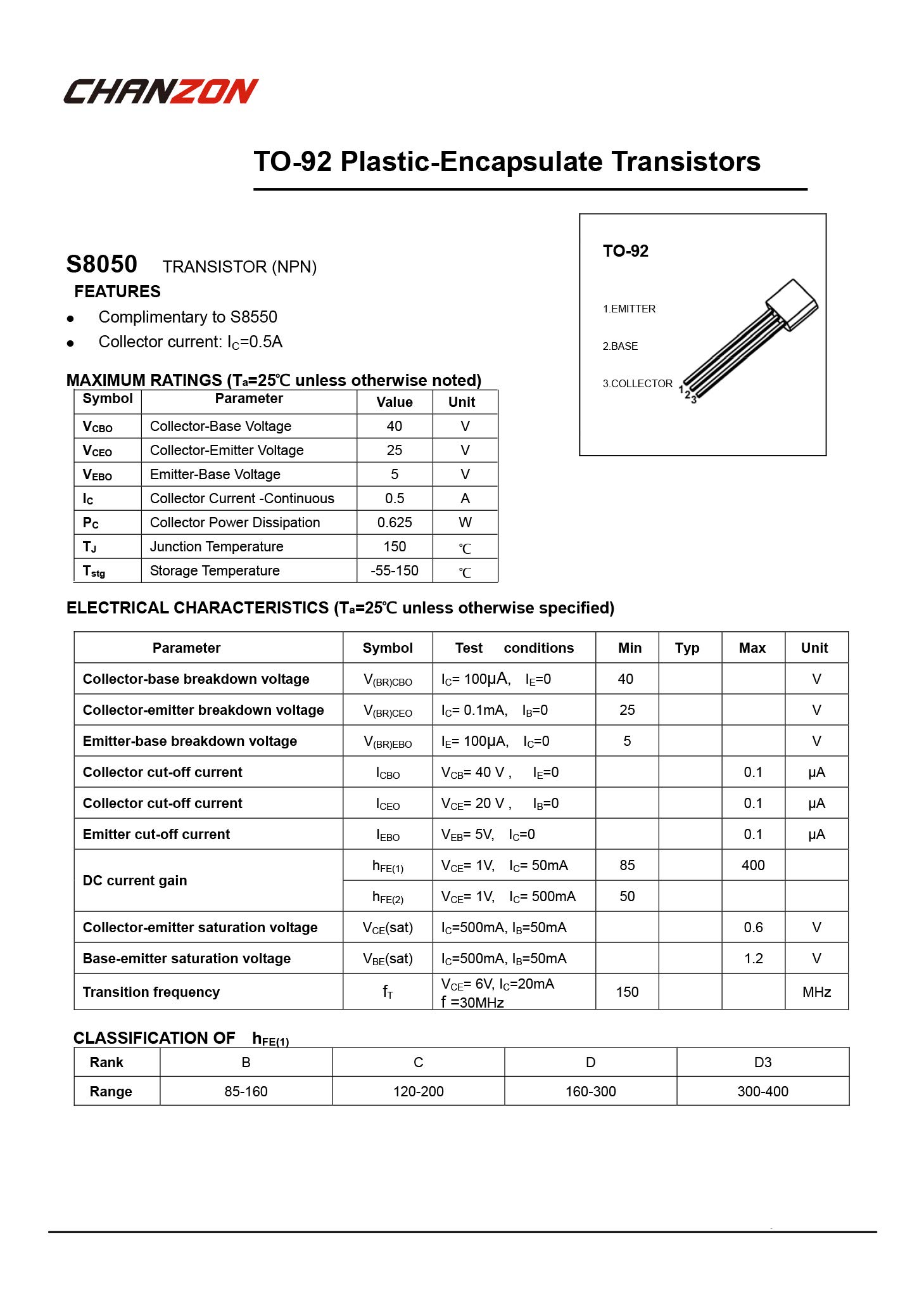 Snapklik.com : Chanzon S8050 TO-92 NPN Power BJT Bipolar Junction ...