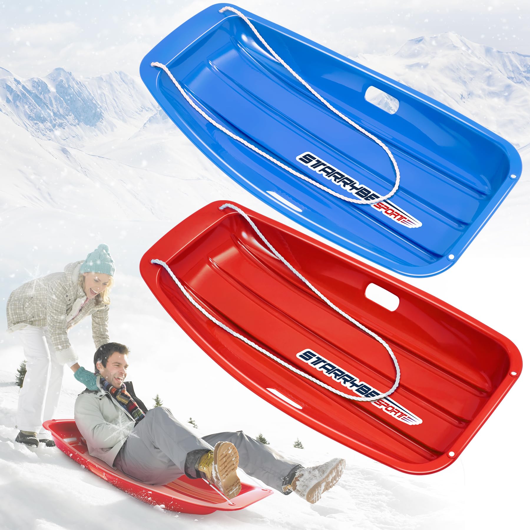 Snow Sled - 2 Pack Classic Sleds for Kids and Adults Flexible Toboggan ...