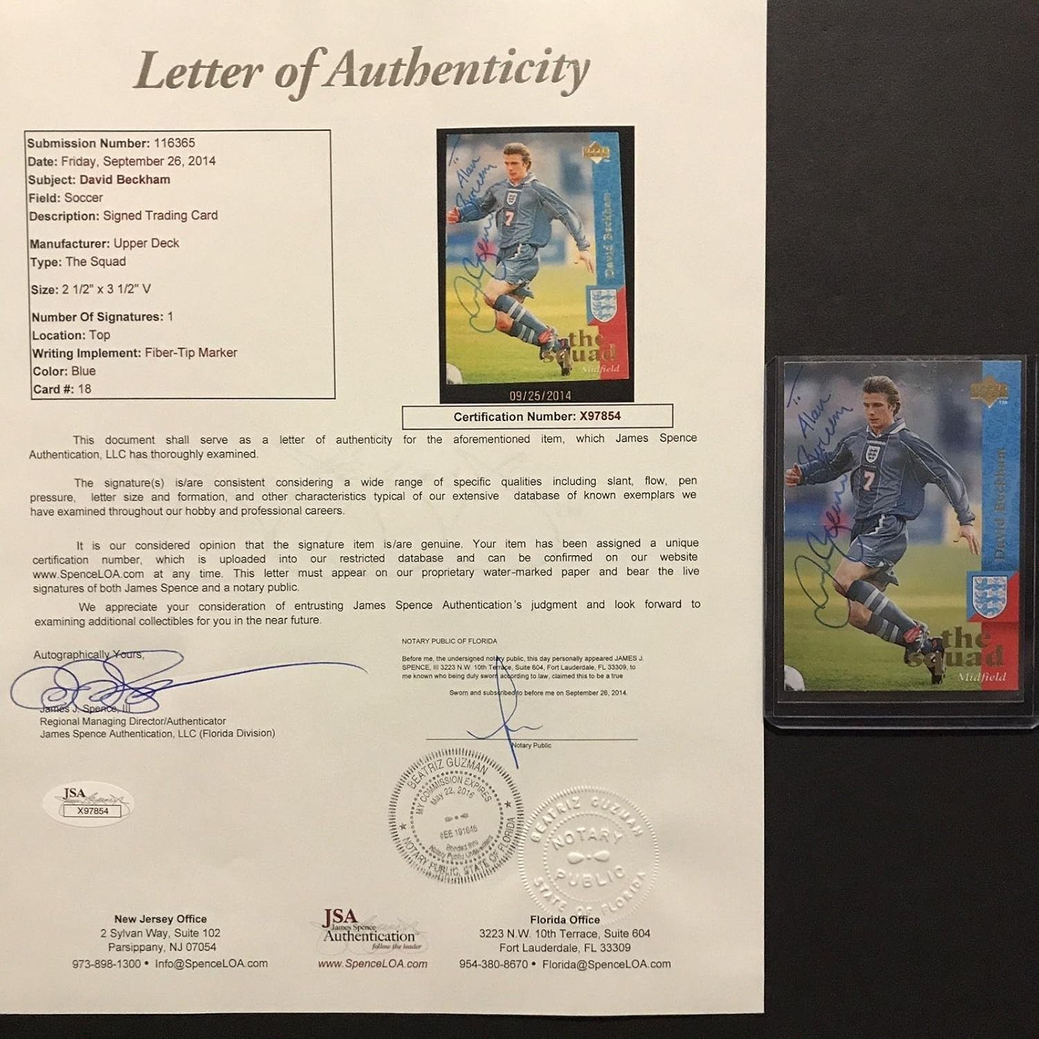 Autographed/Signed DAVID BECKHAM Soccer Rookie Card COA/LOA Auto - JSA ...
