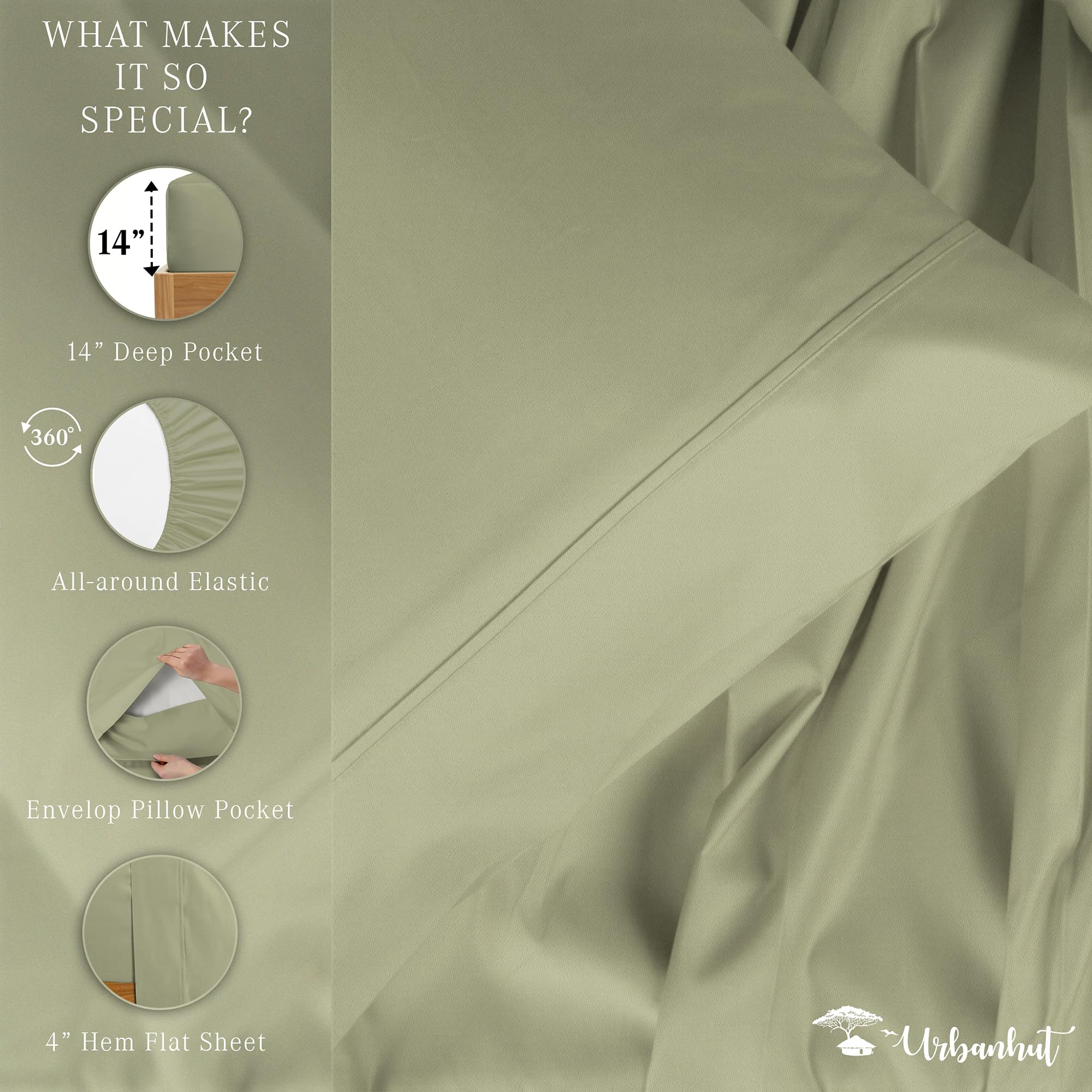 URBANHUT 100% Egyptian Cotton Sheets - 1000 Thread Count Twin Sage ...