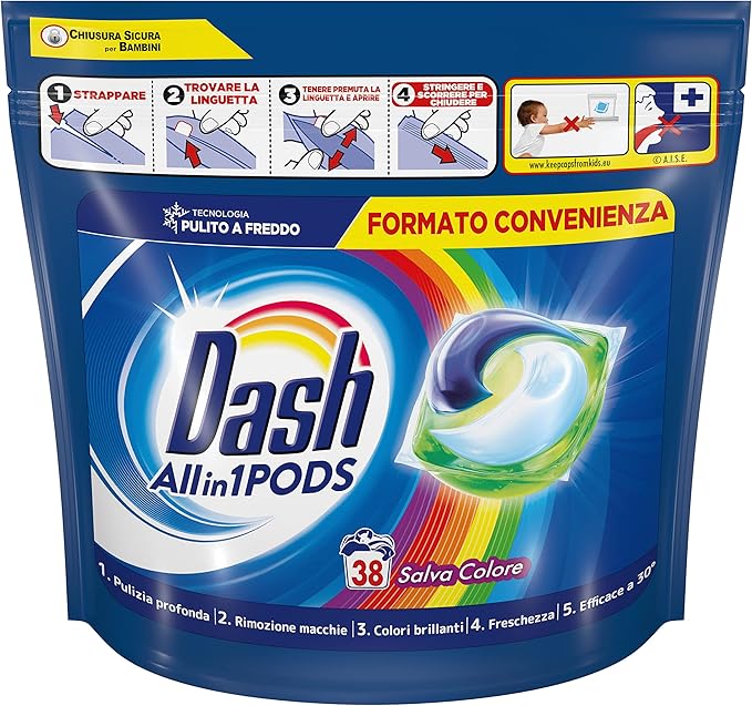 Dash Pods All in 1 Detersivo Lavatrice in Capsule, 38 Lavaggi, Salva ...