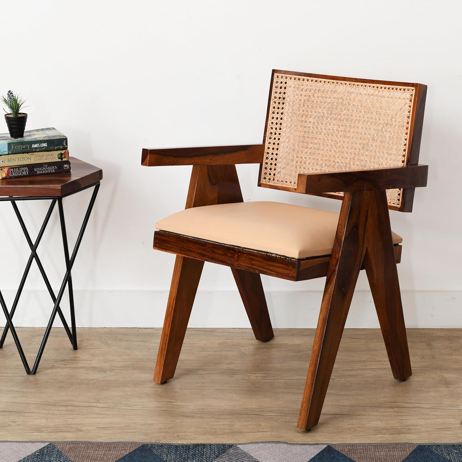 CARPENTRY CART Solid Sheesham Wood Arm Chair with Cushion and Cane Back ...