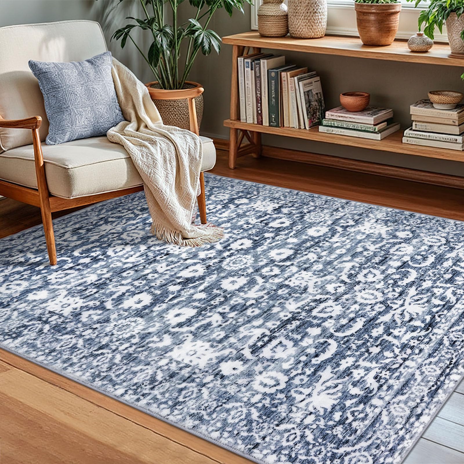 Amazon.com: Lansny Vintage Floral 3x5 Rug, Grey Blue Entryway Rug Small ...