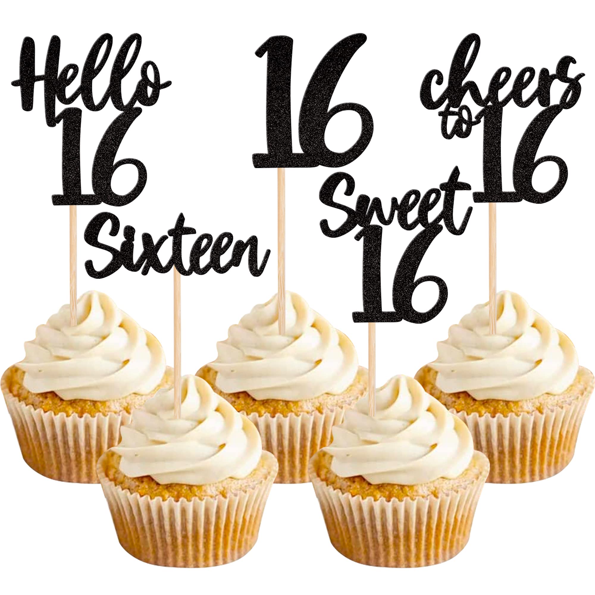 Amazon.com: 30PCS Black 16th Birthday Cupcake Toppers Glitter Sixteen ...