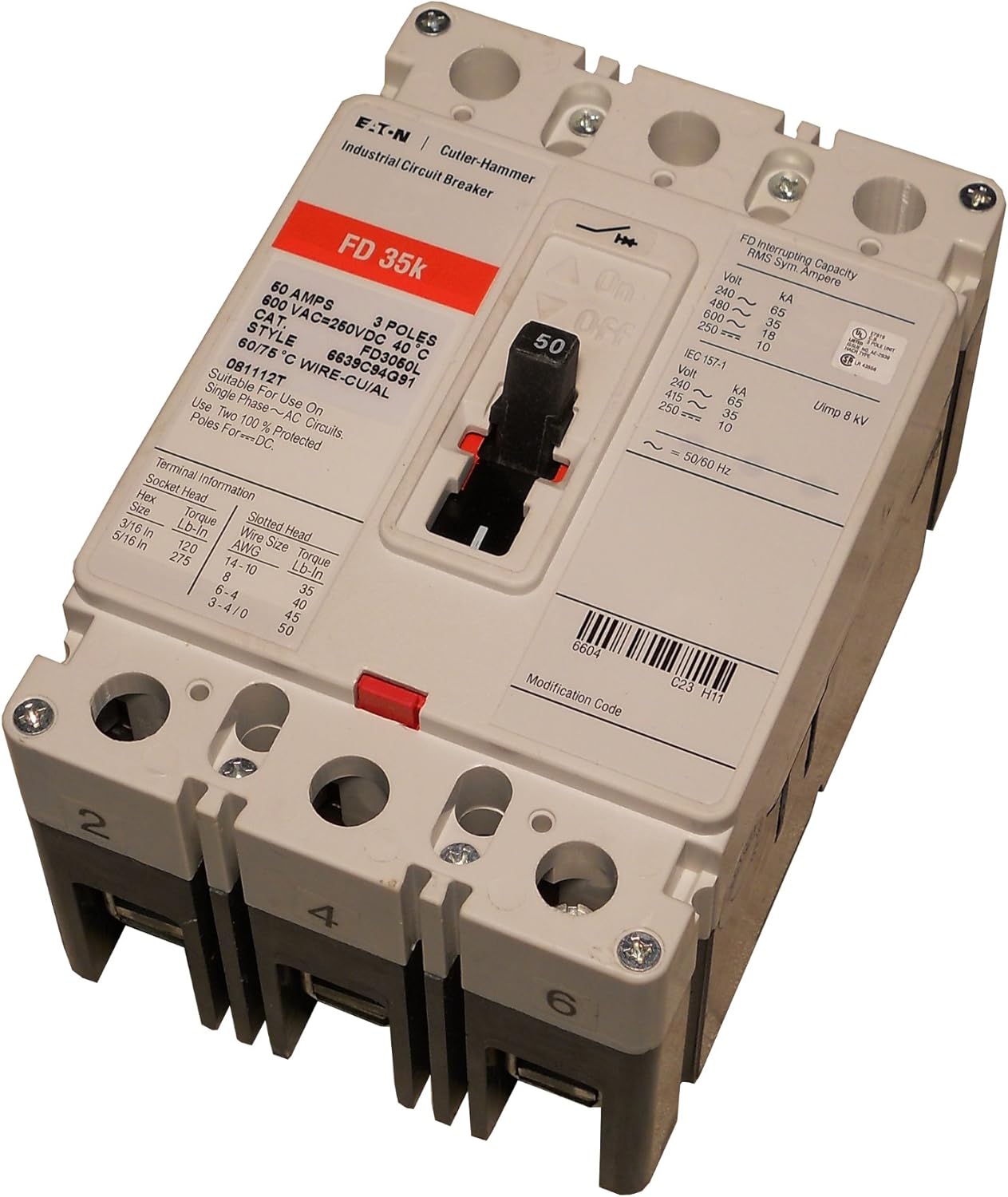 Amazon.com: Cutler Hammer FD3050L 3 Pole 50A 600V Breaker : Tools ...