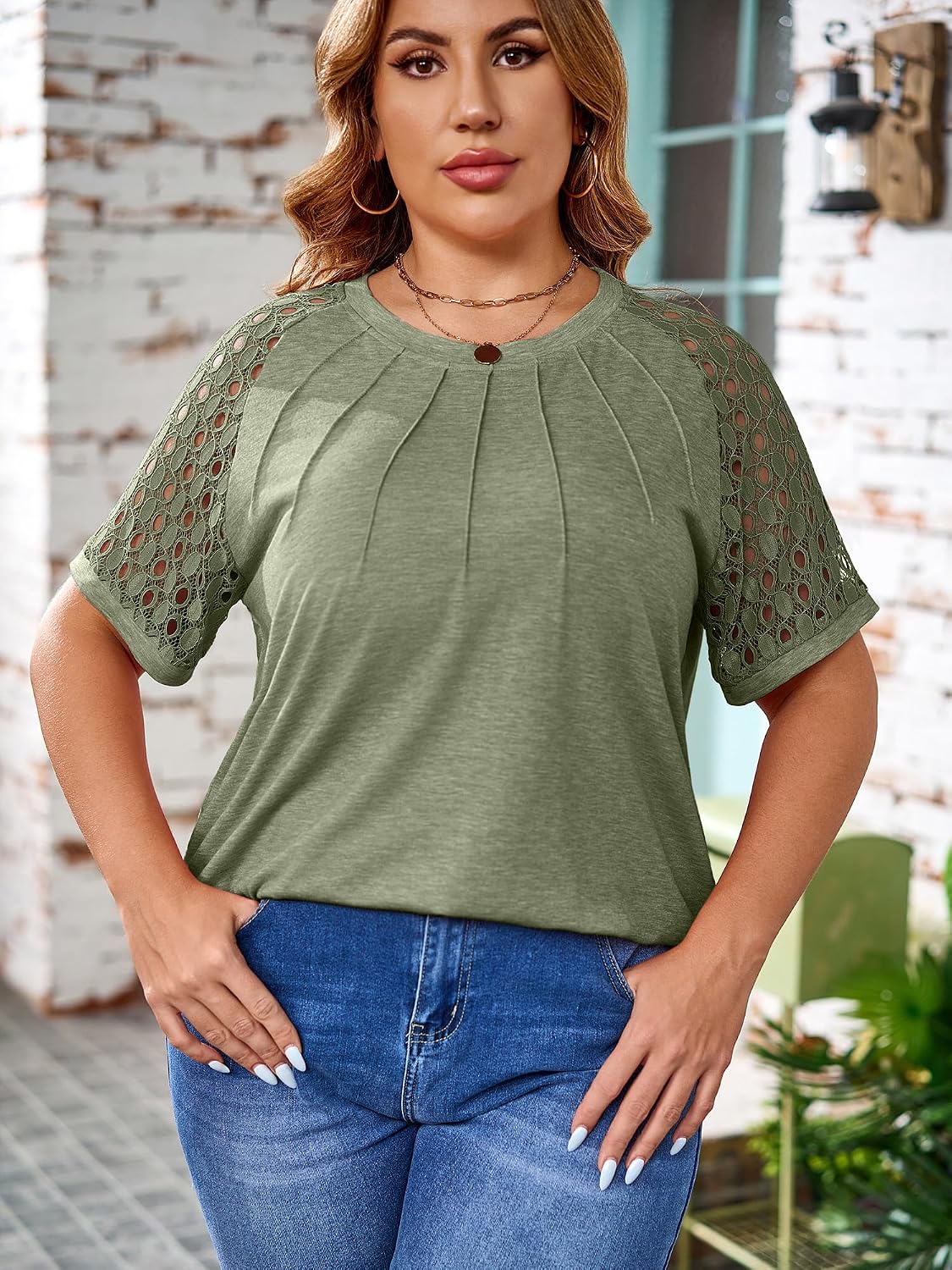 TAKEYAL Plus Size Tops for Women Lace Sleeve Pleated Shirts Casual ...
