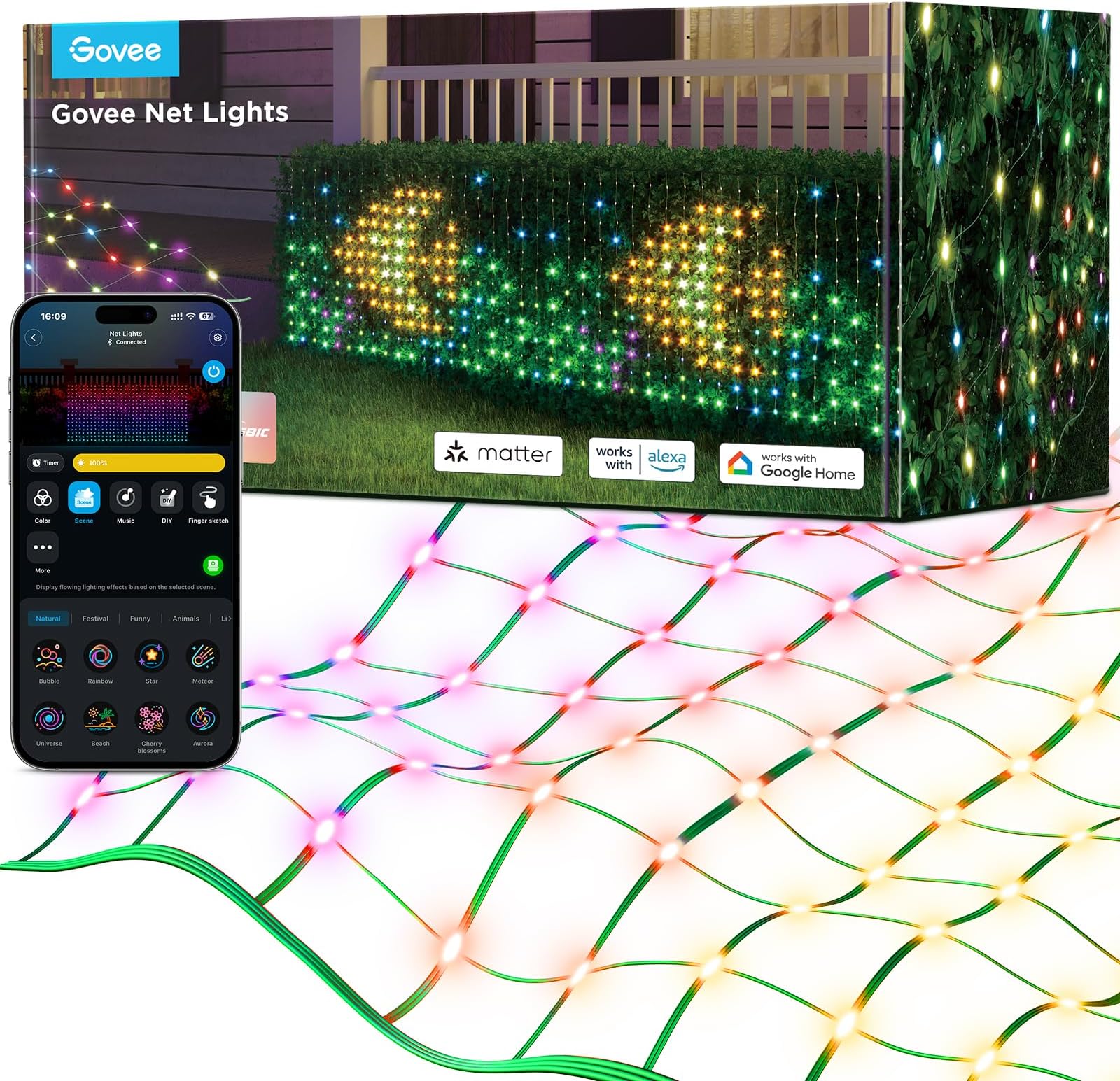 Govee Outdoor Net Lights, 2.8 × 9.4ft with RGBIC and DIY Functions, 480 ...