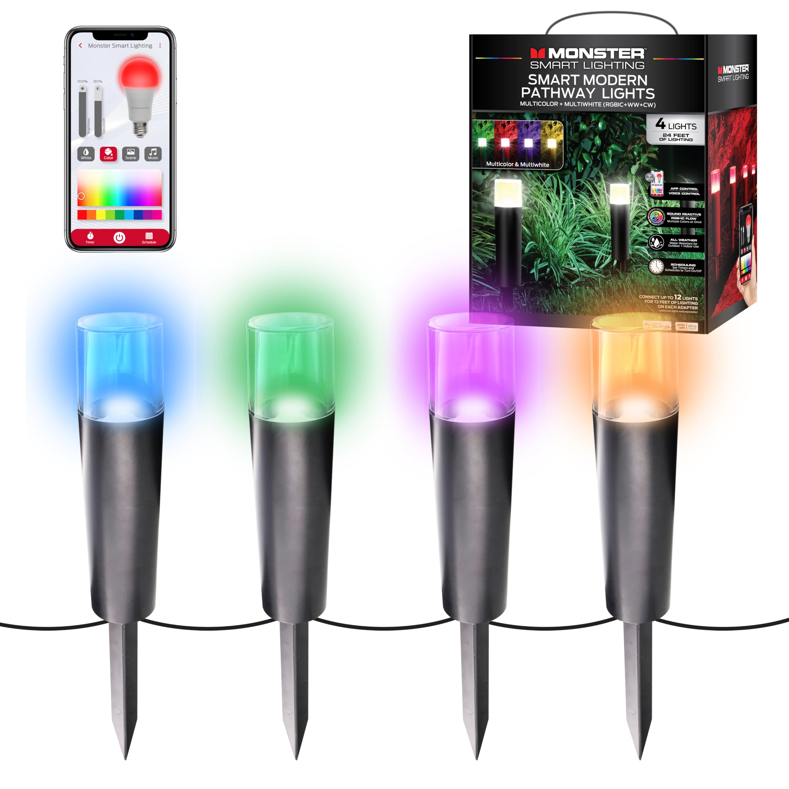 Monster Smart RGB+IC+WW Pathway LED Lights, 4 Individually Controlled ...