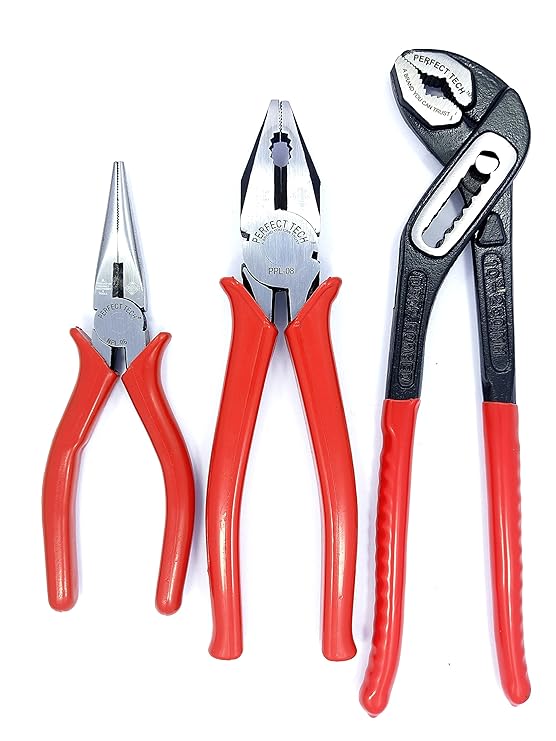 PERFECT TECH 3 Pcs Set Combination Plier 8 inch | 10 Inch Water Pump Plier | 6 Inch Long Nose ...