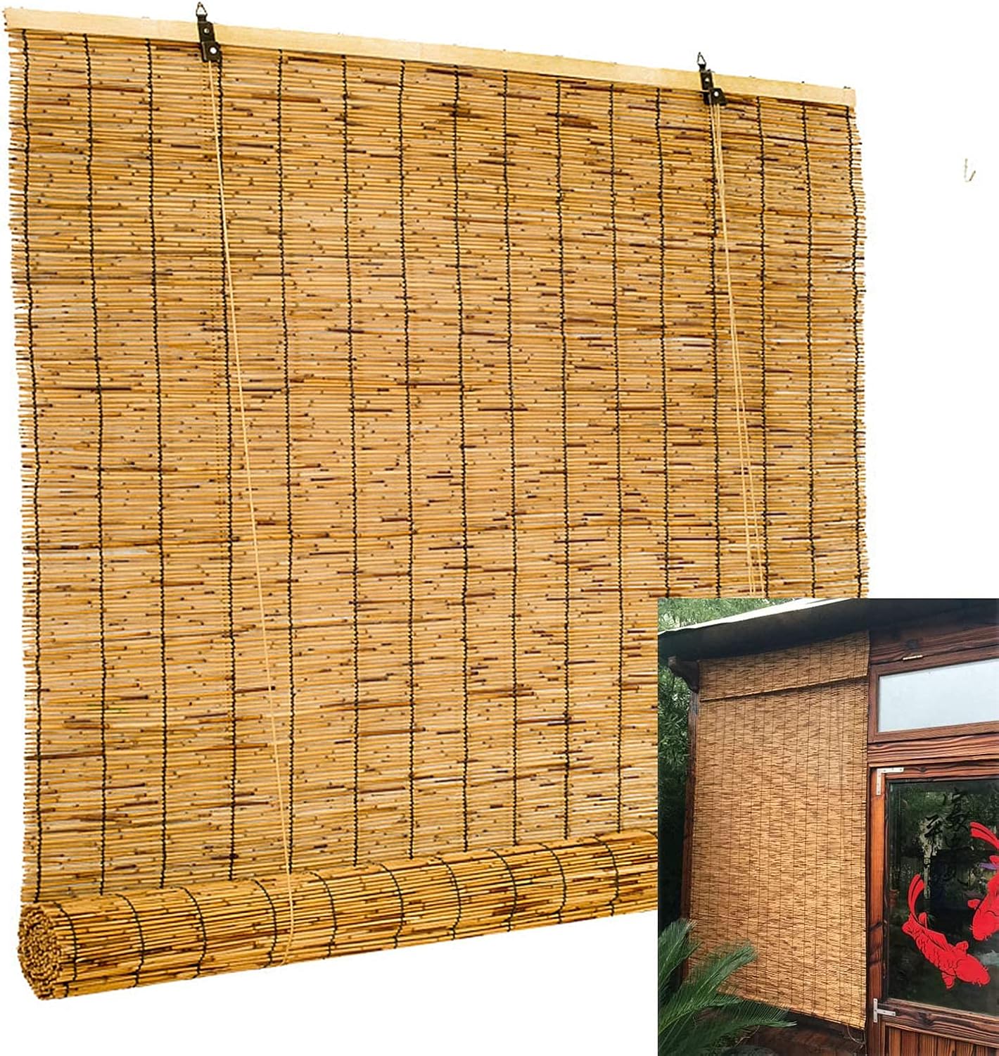 Bamboo Outdoor Roll Up Window Blind 70 x 225 cm Ventilation Privacy and ...