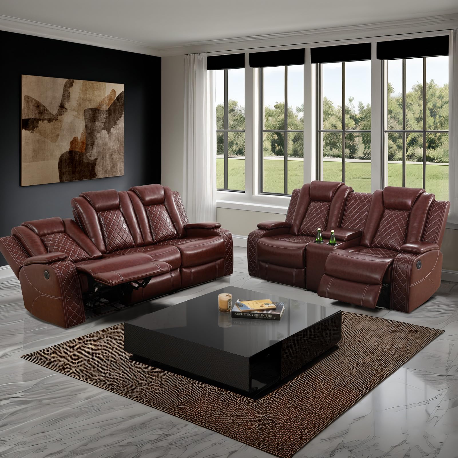 Amazon.com: Leather Power Recliner Sofa 2 Piece Couch Set With LED ...