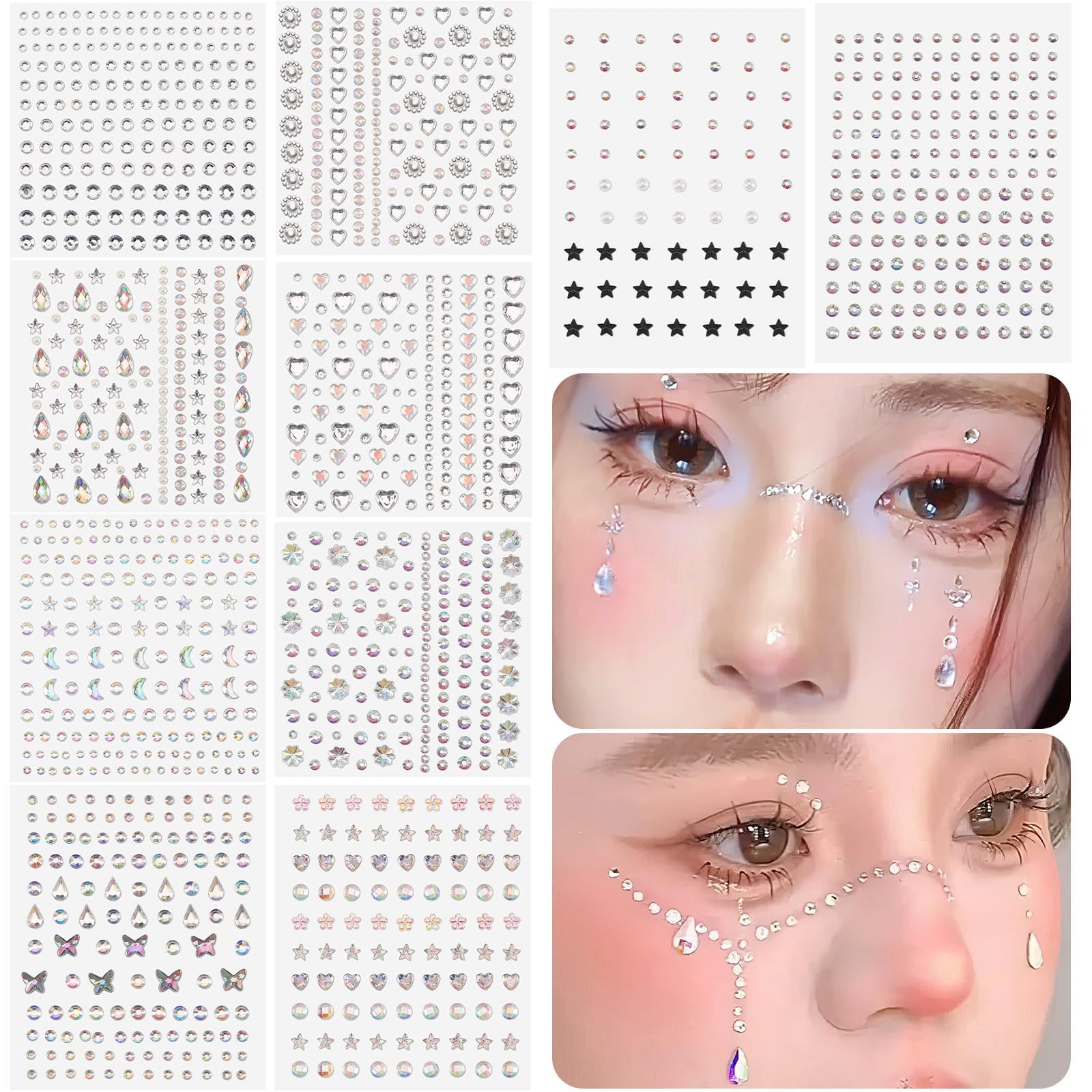 Amazon | Neiang 顔 シール 10枚 ラインストーン シール フェイスシール キラキラ 顔に貼るシール ダンス ラインストーン 3Dシール デコシール 貼るピアス メイクシール ...